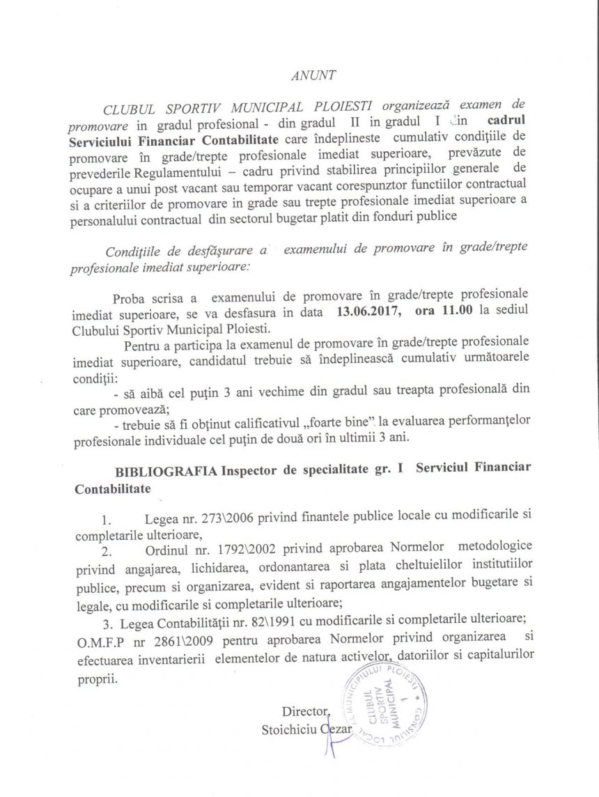 Anunţ examen de promovare în grad profesional | CSM Ploiesti