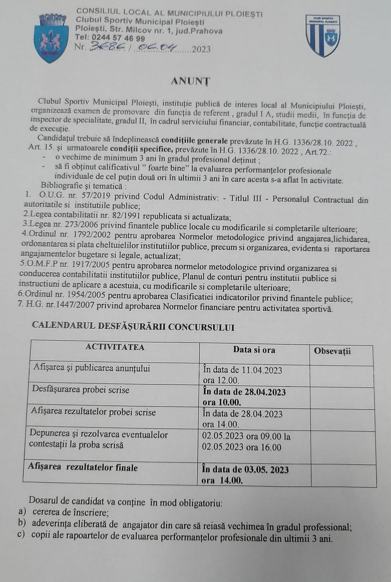 Anunţ organizare examen de promovare în grad profesional imediat ...